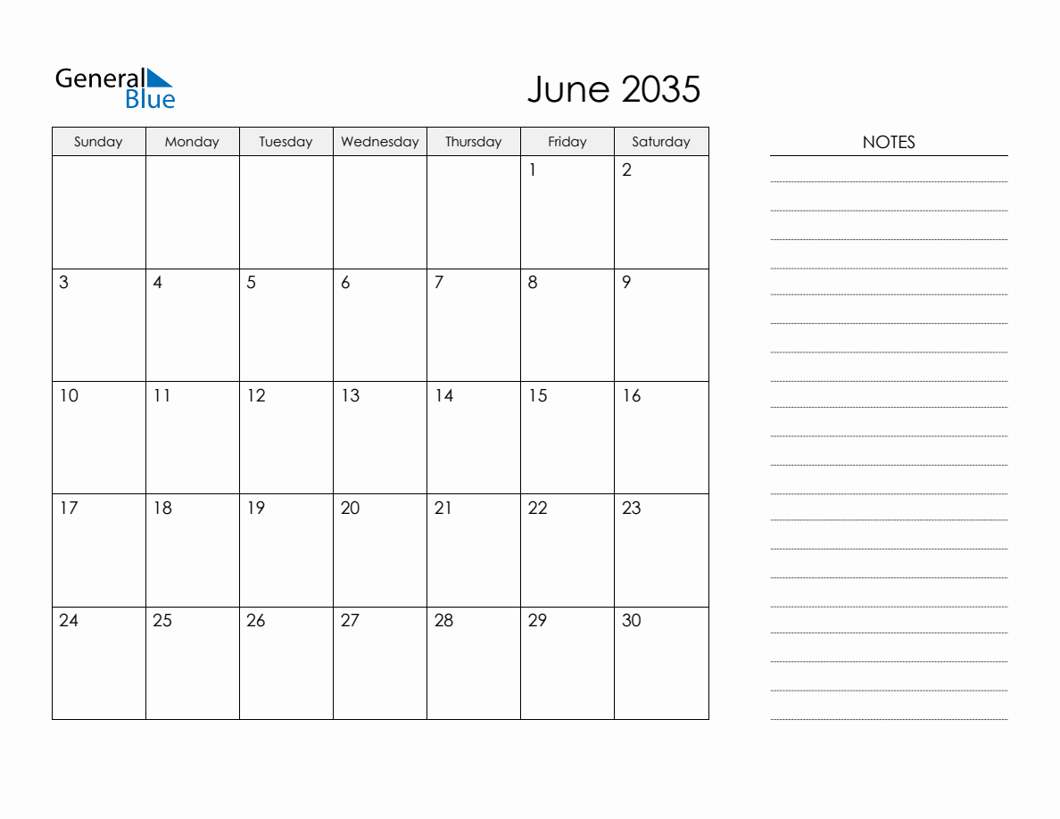 Printable Monthly Calendar with Notes - June 2035