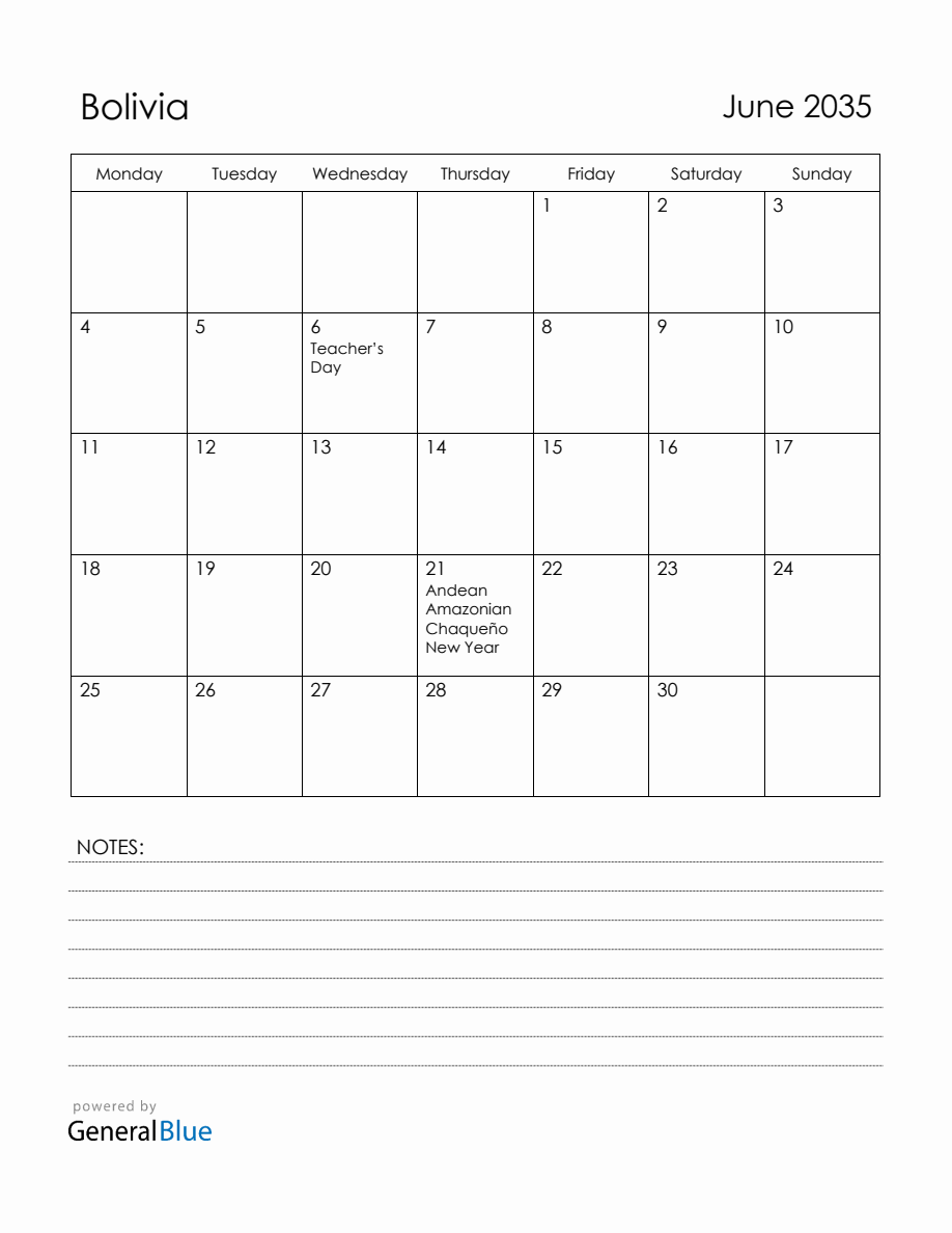 June 2035 Bolivia Calendar with Holidays