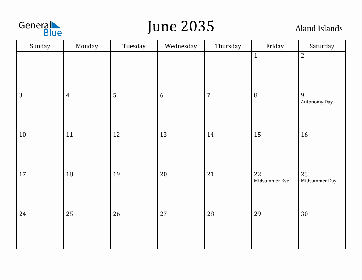June 2035 Monthly Calendar with Aland Islands Holidays