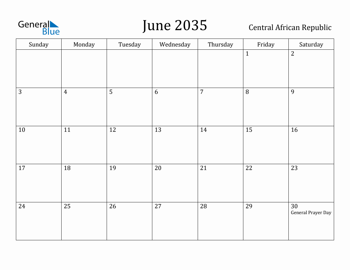 June 2035 Monthly Calendar with Central African Republic Holidays