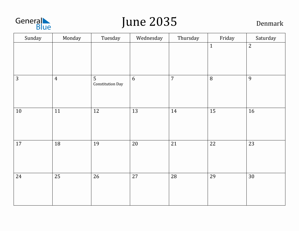 June 2035 Monthly Calendar with Denmark Holidays