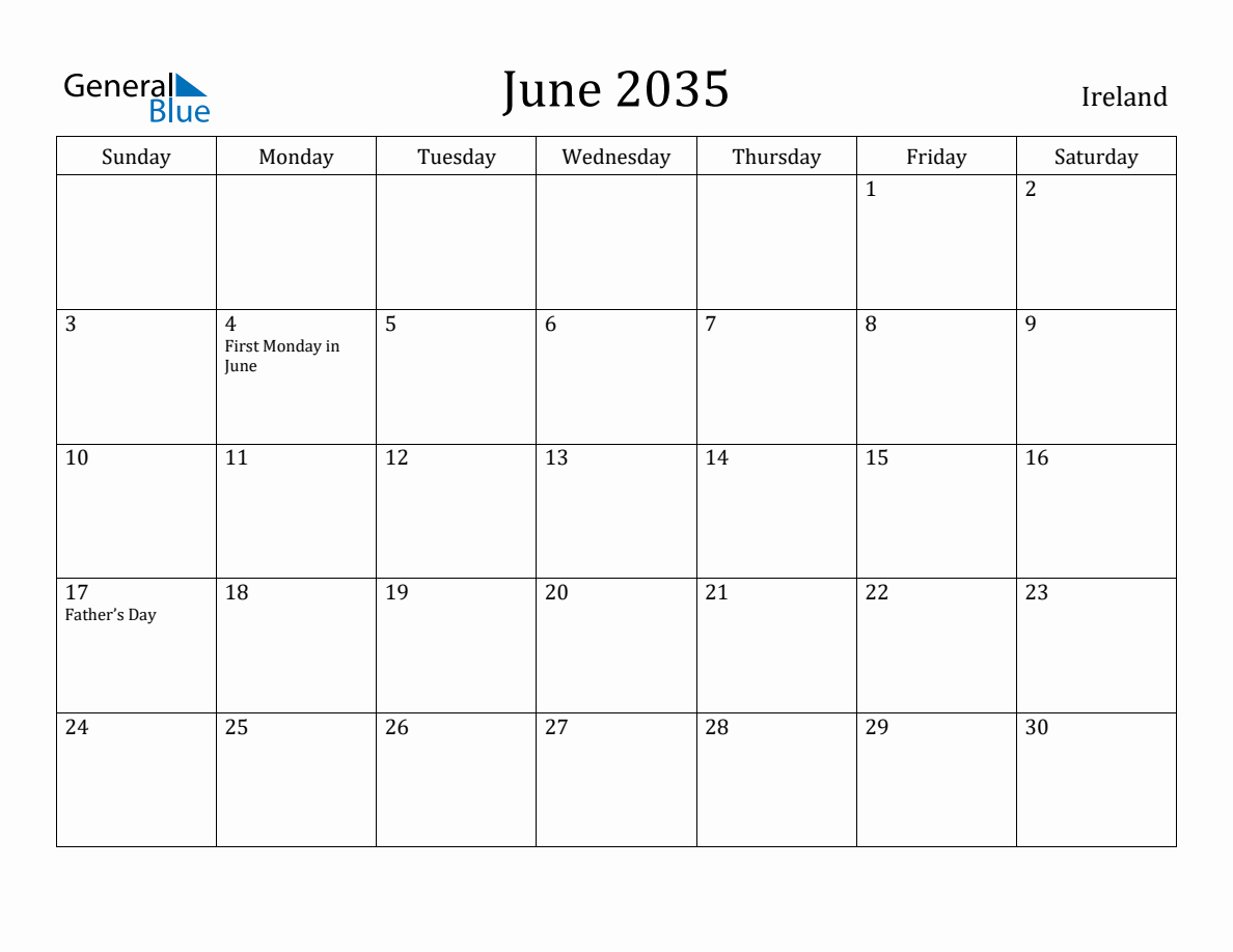 June 2035 Monthly Calendar with Ireland Holidays