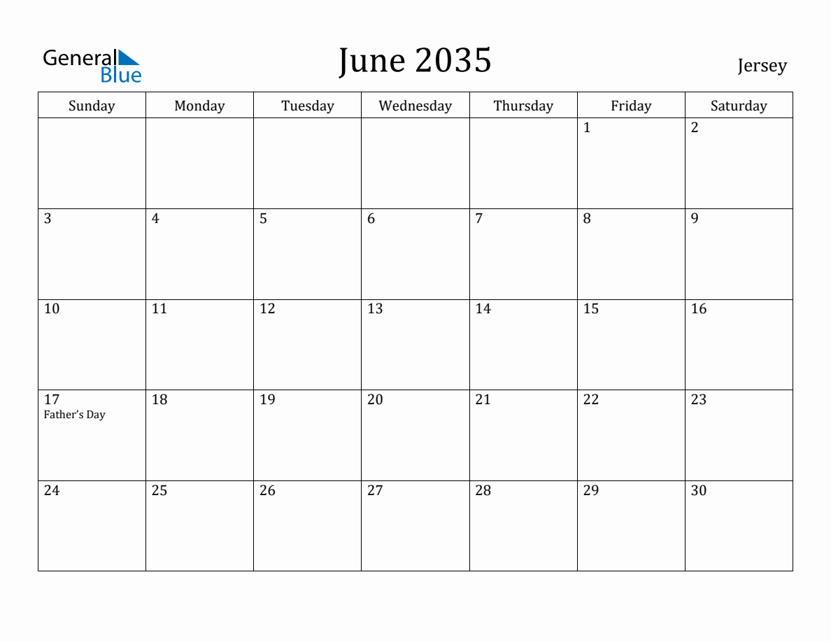 June 2035 Monthly Calendar with Jersey Holidays