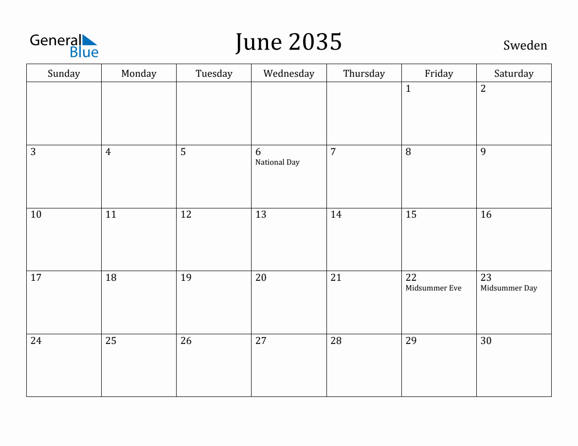 June 2035 Monthly Calendar with Sweden Holidays