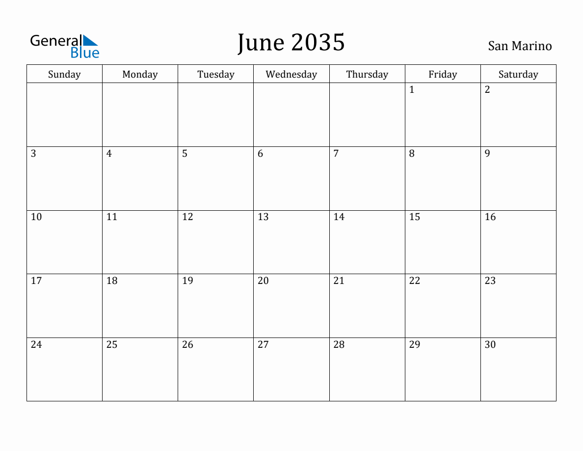 June 2035 Monthly Calendar with San Marino Holidays