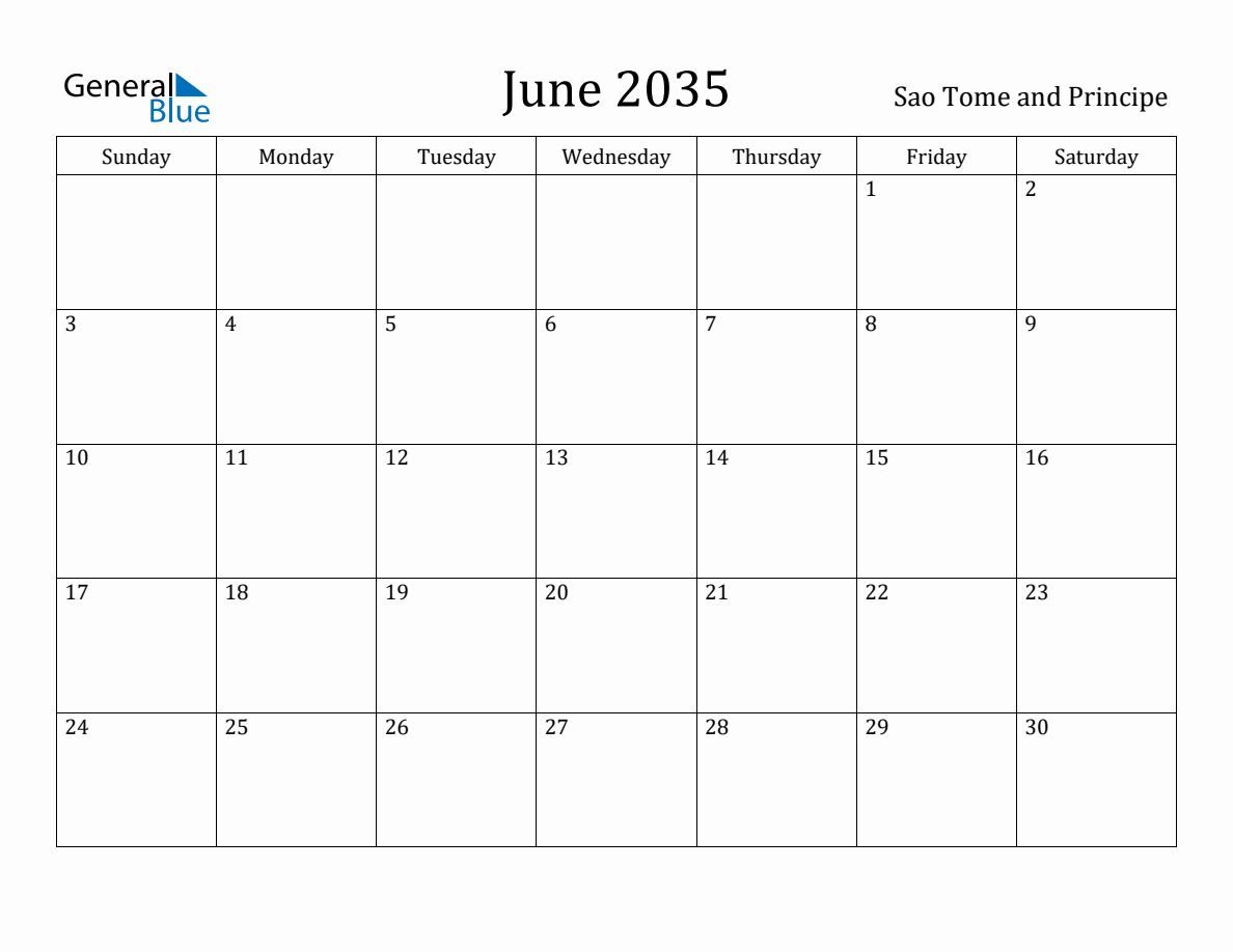 June 2035 Monthly Calendar with Sao Tome and Principe Holidays