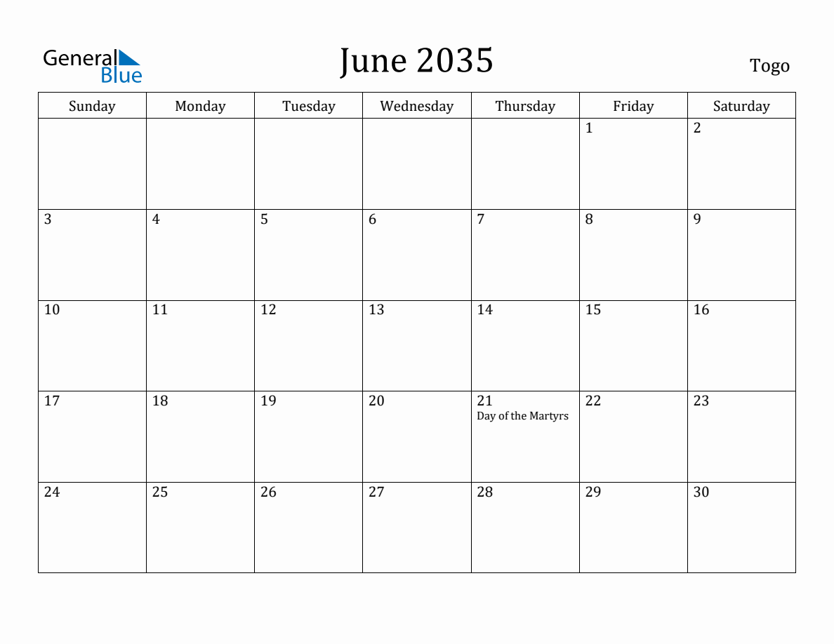 June 2035 Monthly Calendar with Togo Holidays
