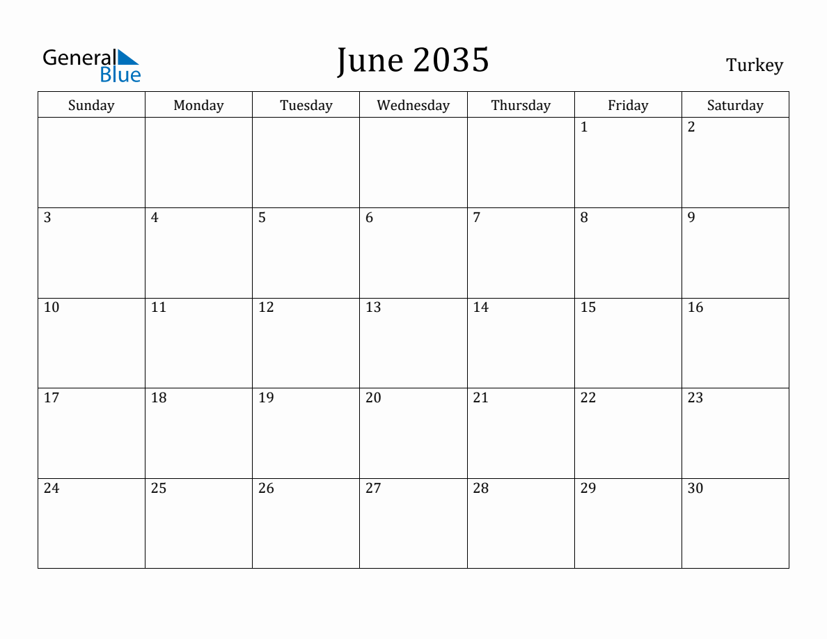June 2035 Monthly Calendar with Turkey Holidays
