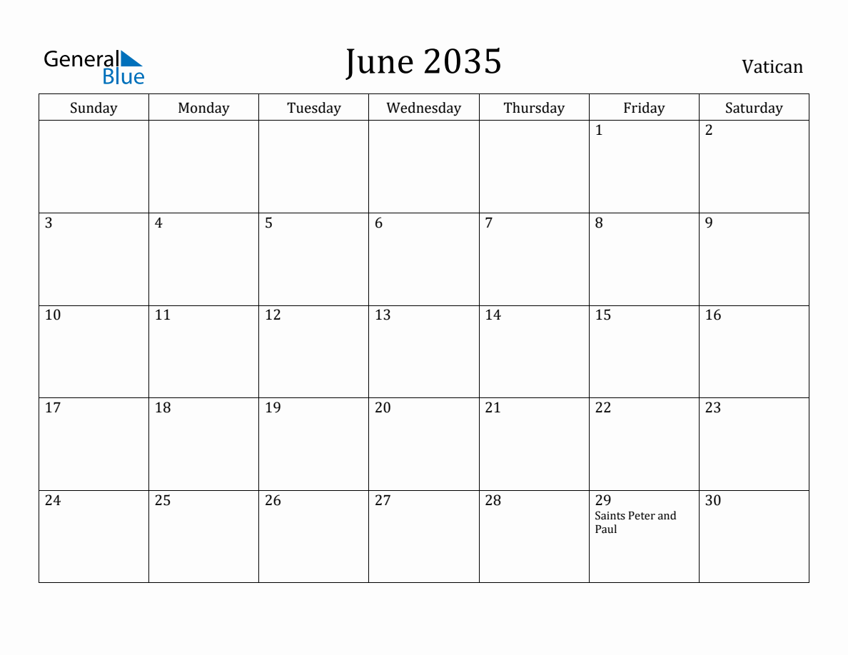 June 2035 Monthly Calendar with Vatican Holidays