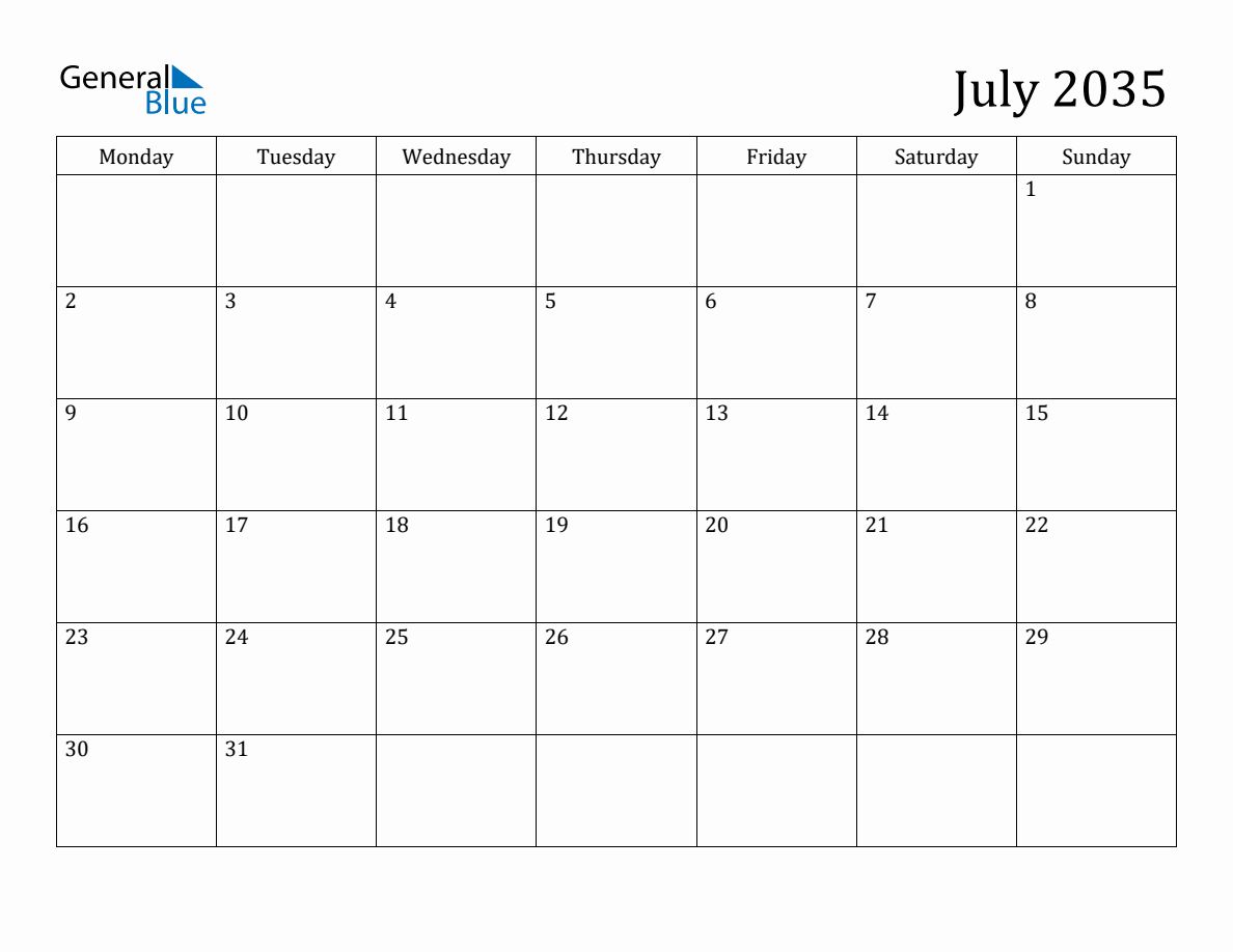 July 2035 Monday Start Calendar (PDF, Excel, Word)