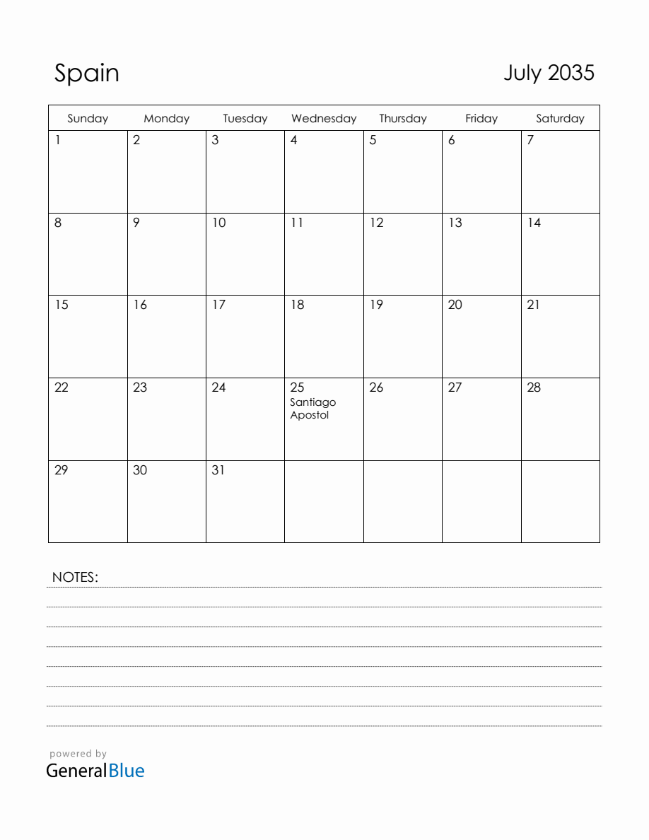 July 2035 Spain Calendar with Holidays