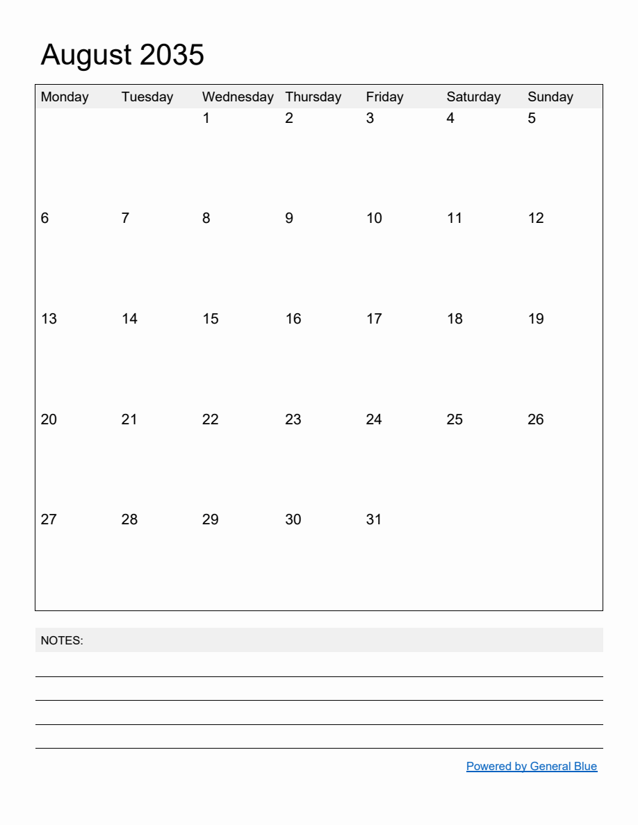 Free Printable Monthly Calendar for August 2035 - Monday Start
