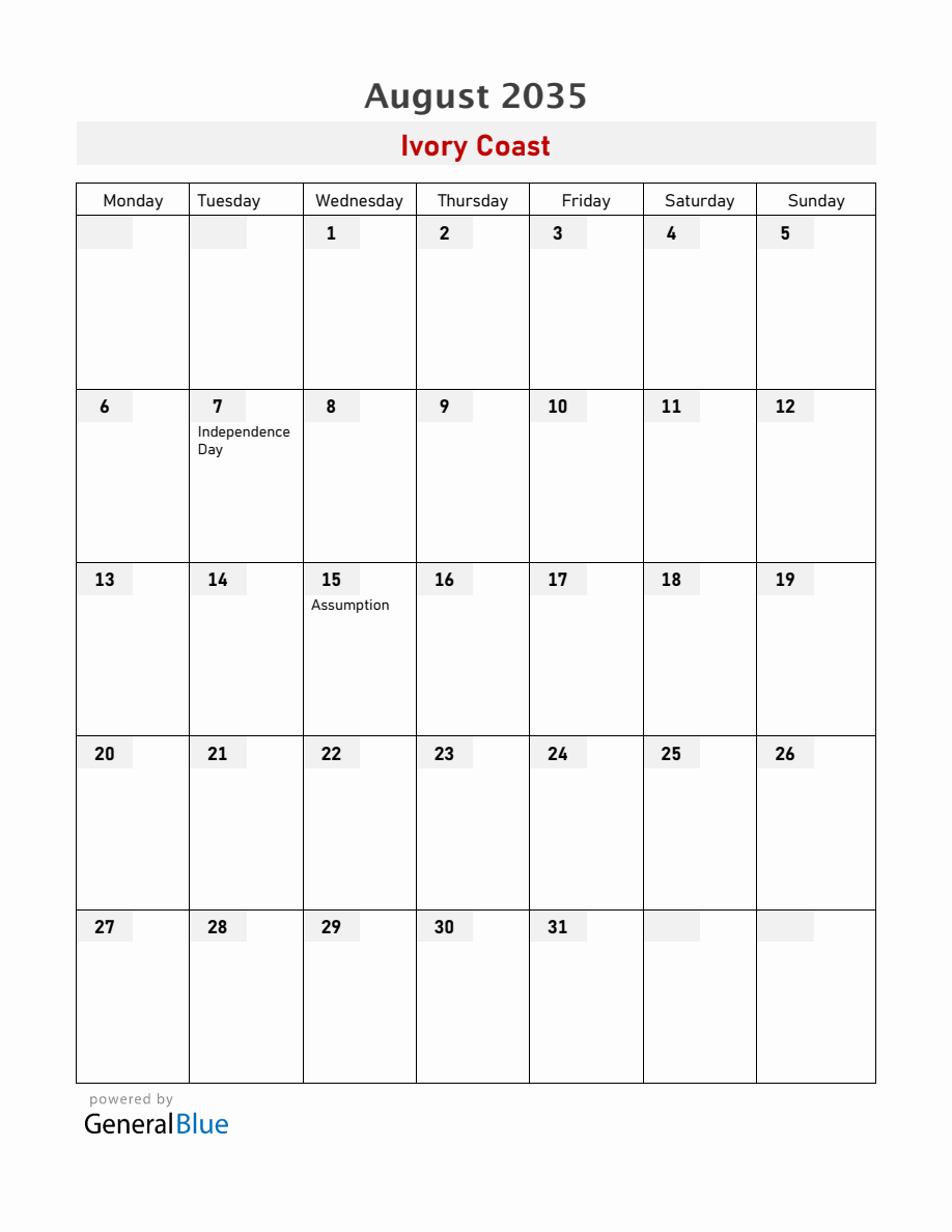 Ivory Coast August 2035 Calendar with Holidays (Monday Start)