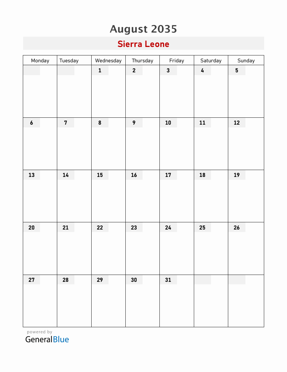 Sierra Leone August 2035 Calendar with Holidays (Monday Start)