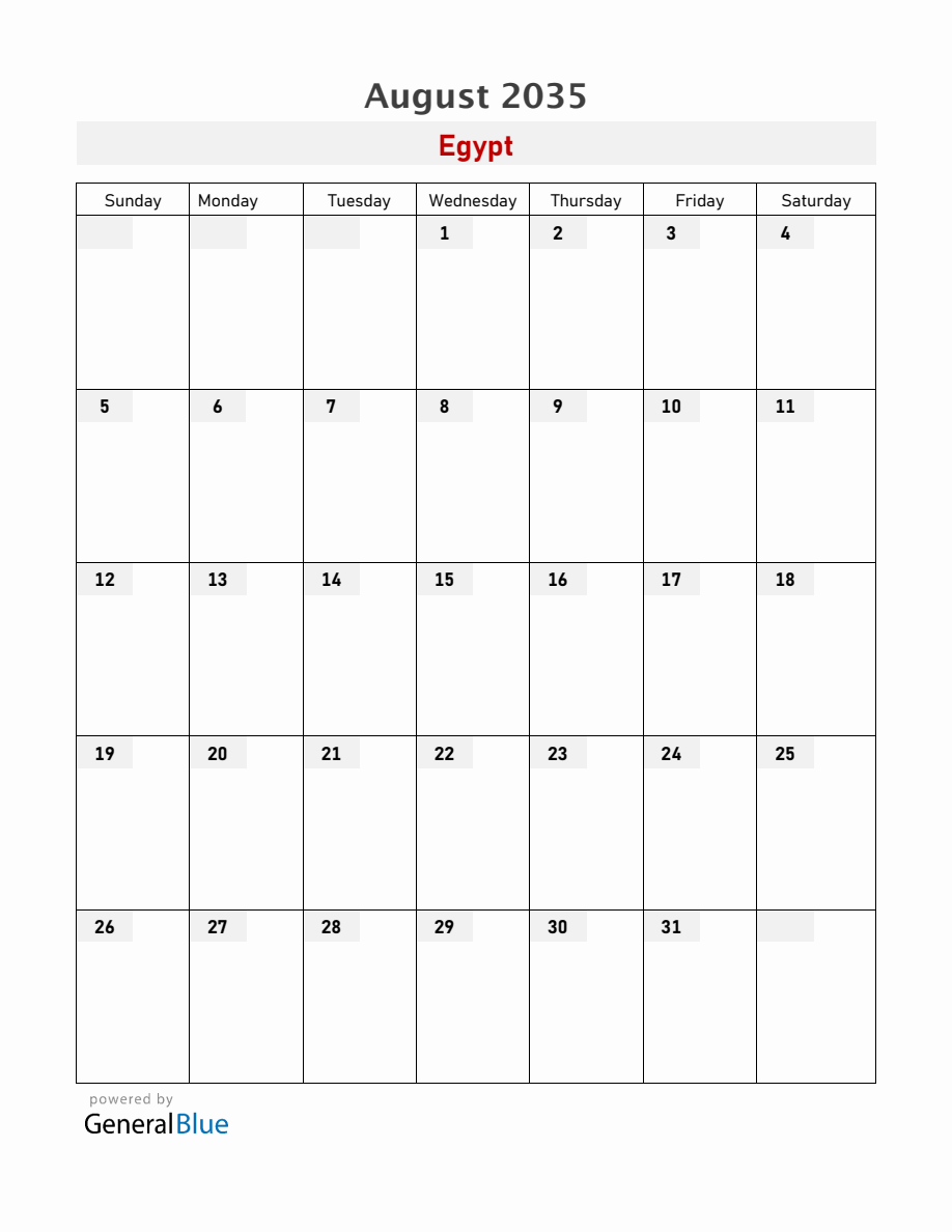 Egypt August 2035 Calendar with Holidays