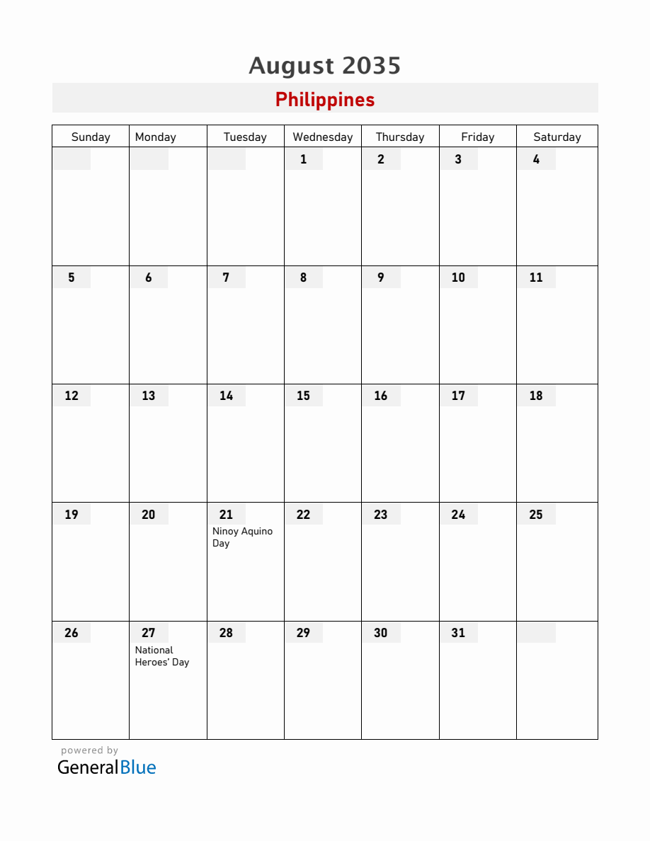 Philippines August 2035 Calendar with Holidays
