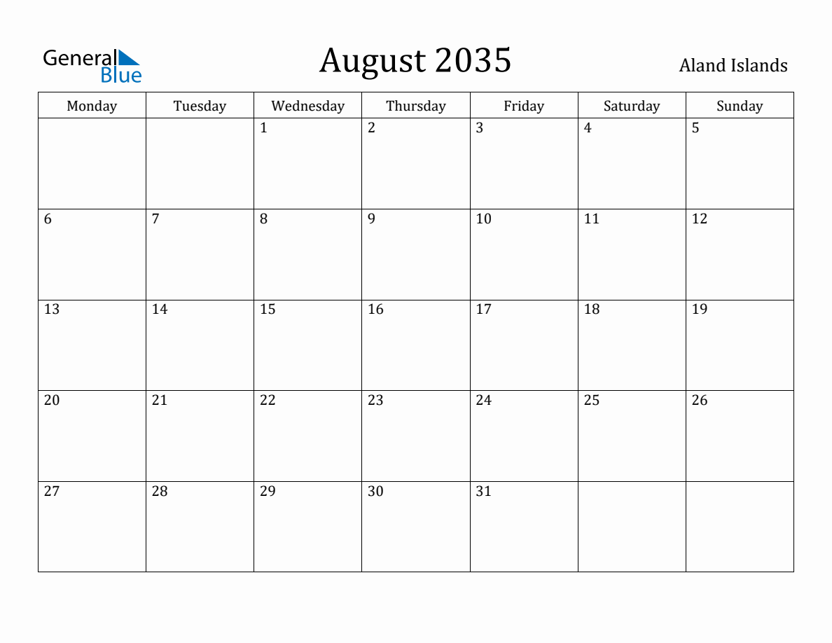 August 2035 - Aland Islands Monthly Calendar with Holidays