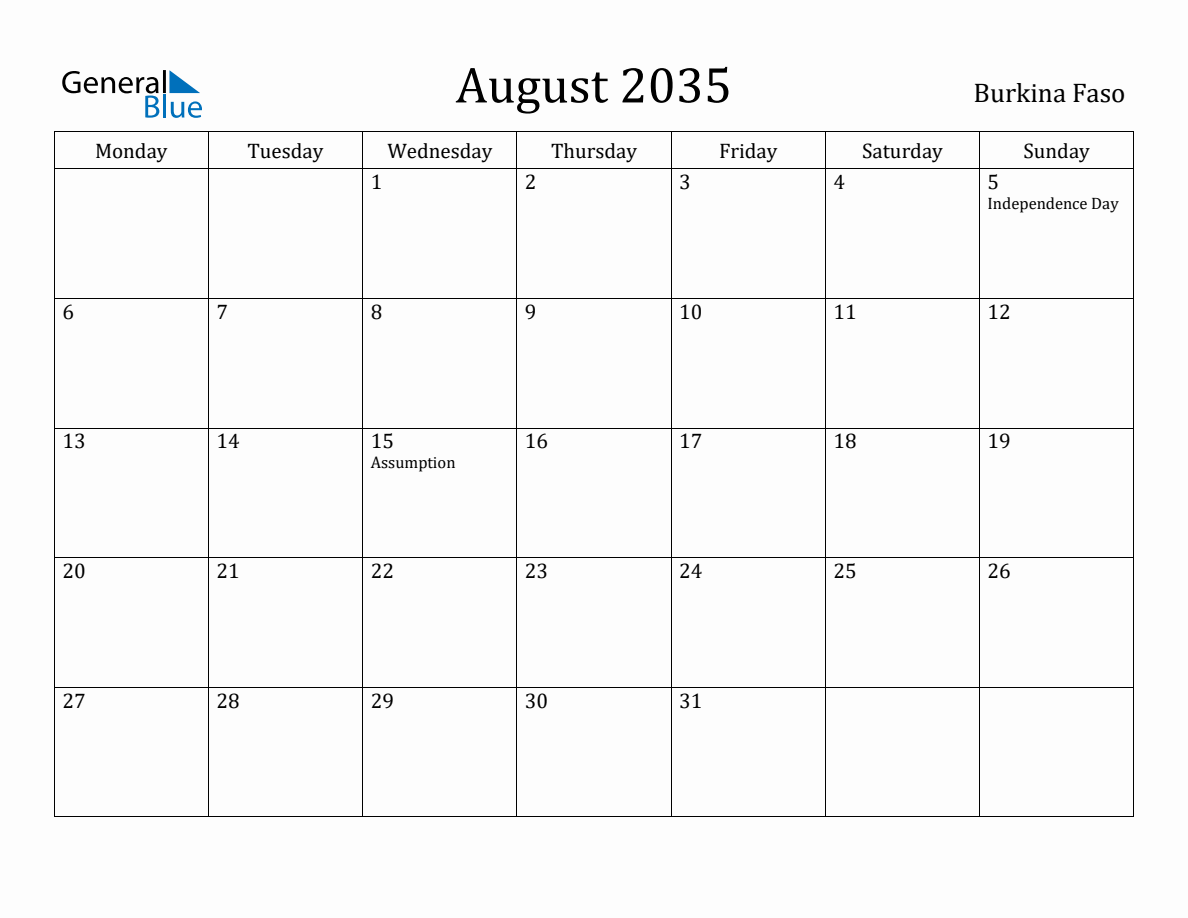 August 2035 Monthly Calendar with Burkina Faso Holidays (Monday Start)