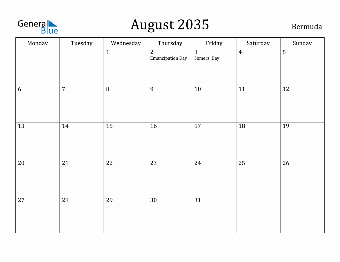 Bermuda Monthly Calendar - August 2035 (Monday Start)