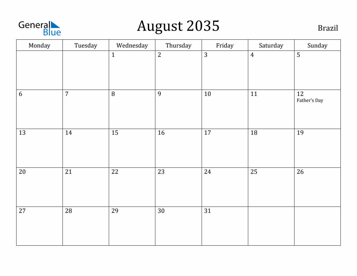 August 2035 - Brazil Monthly Calendar with Holidays