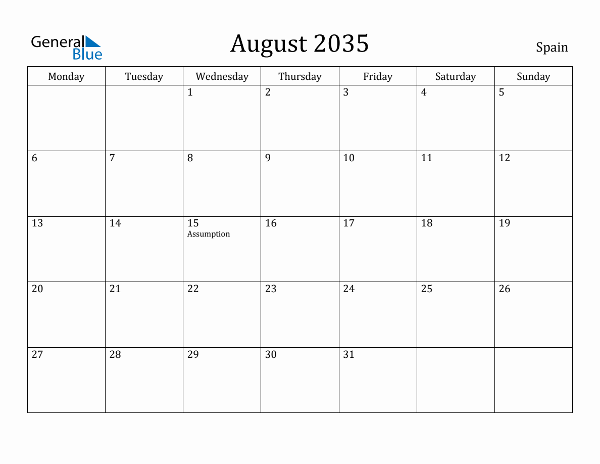 August 2035 - Spain Monthly Calendar with Holidays