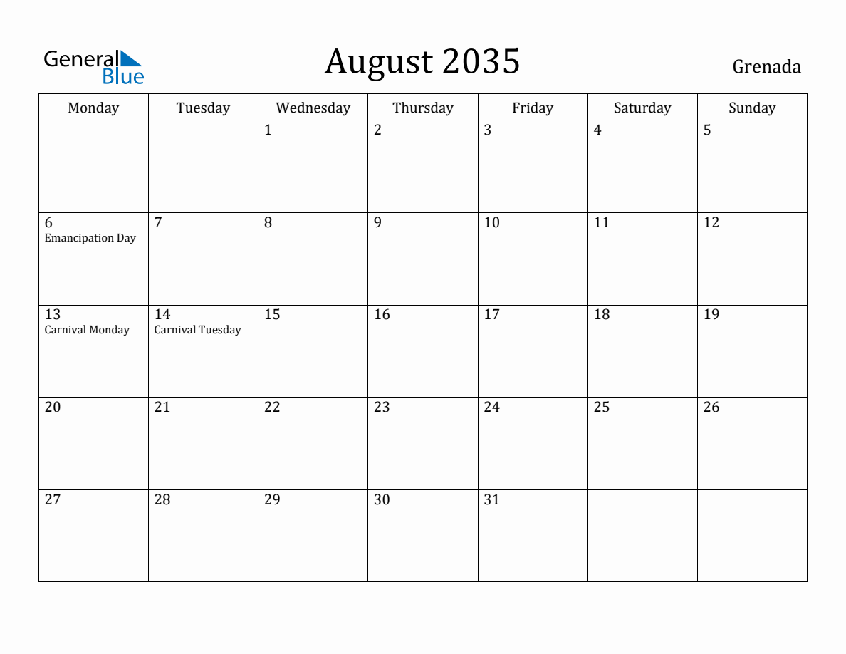 August 2035 - Grenada Monthly Calendar with Holidays