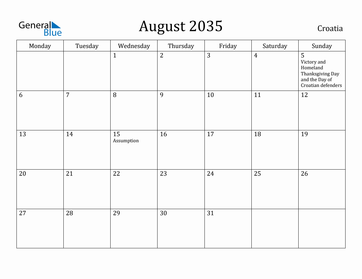Croatia Monthly Calendar - August 2035 (Monday Start)