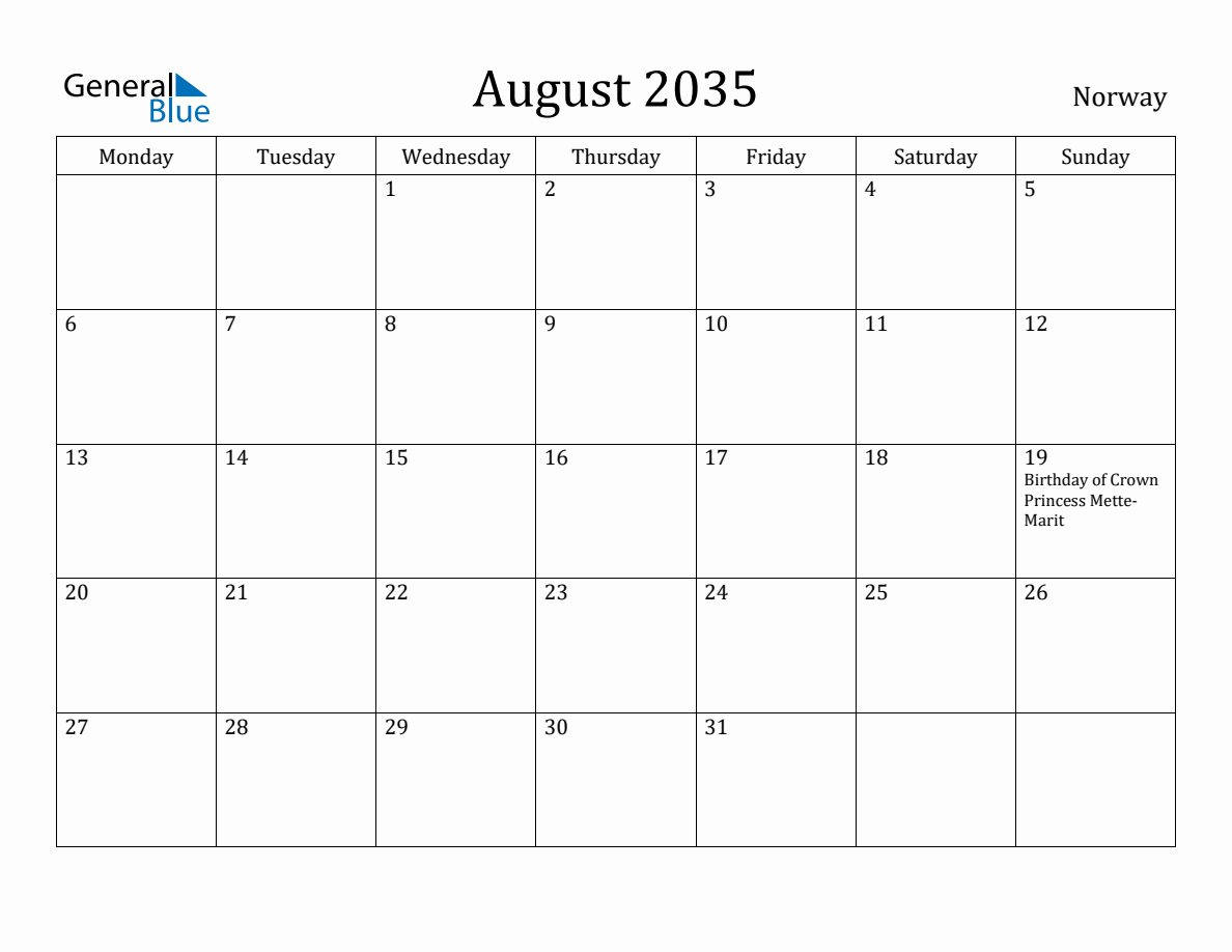 Norway Monthly Calendar - August 2035 (Monday Start)