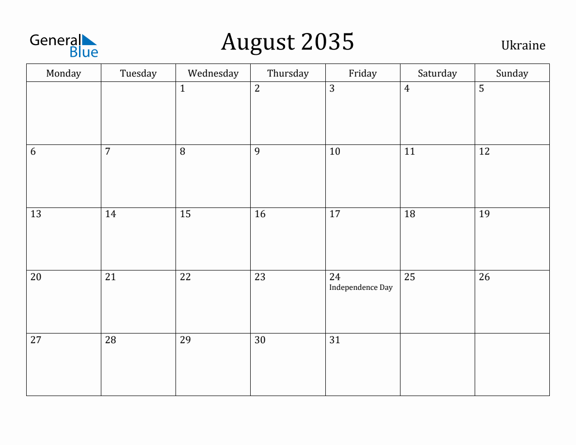 Ukraine Monthly Calendar - August 2035 (Monday Start)