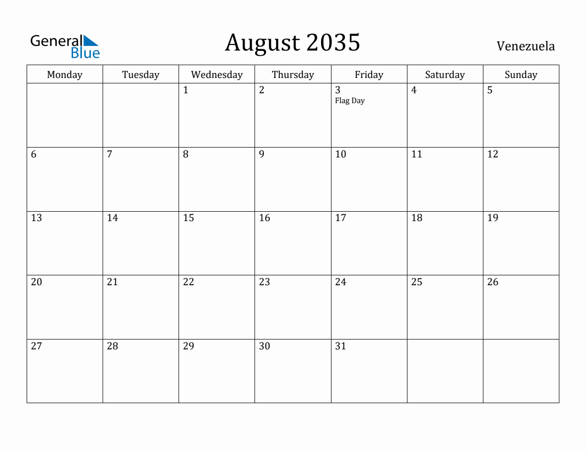 August 2035 Monthly Calendar with Venezuela Holidays (Monday Start)