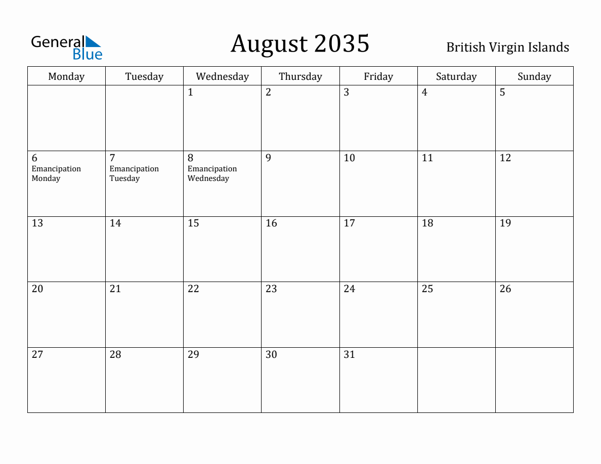 August 2035 Monthly Calendar with British Virgin Islands Holidays ...