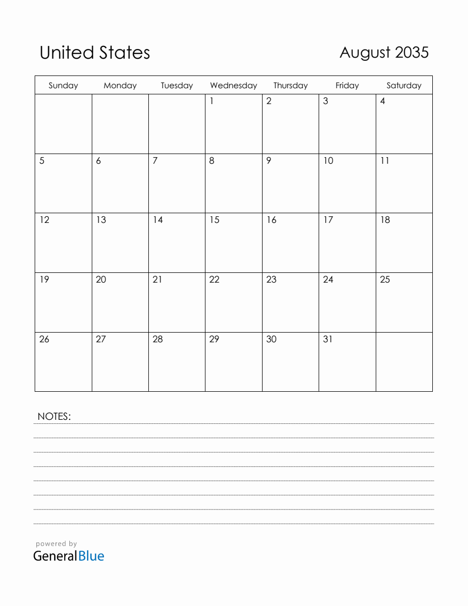 August 2035 United States Calendar with Holidays