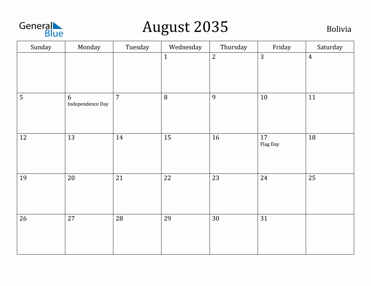 August 2035 Monthly Calendar with Bolivia Holidays