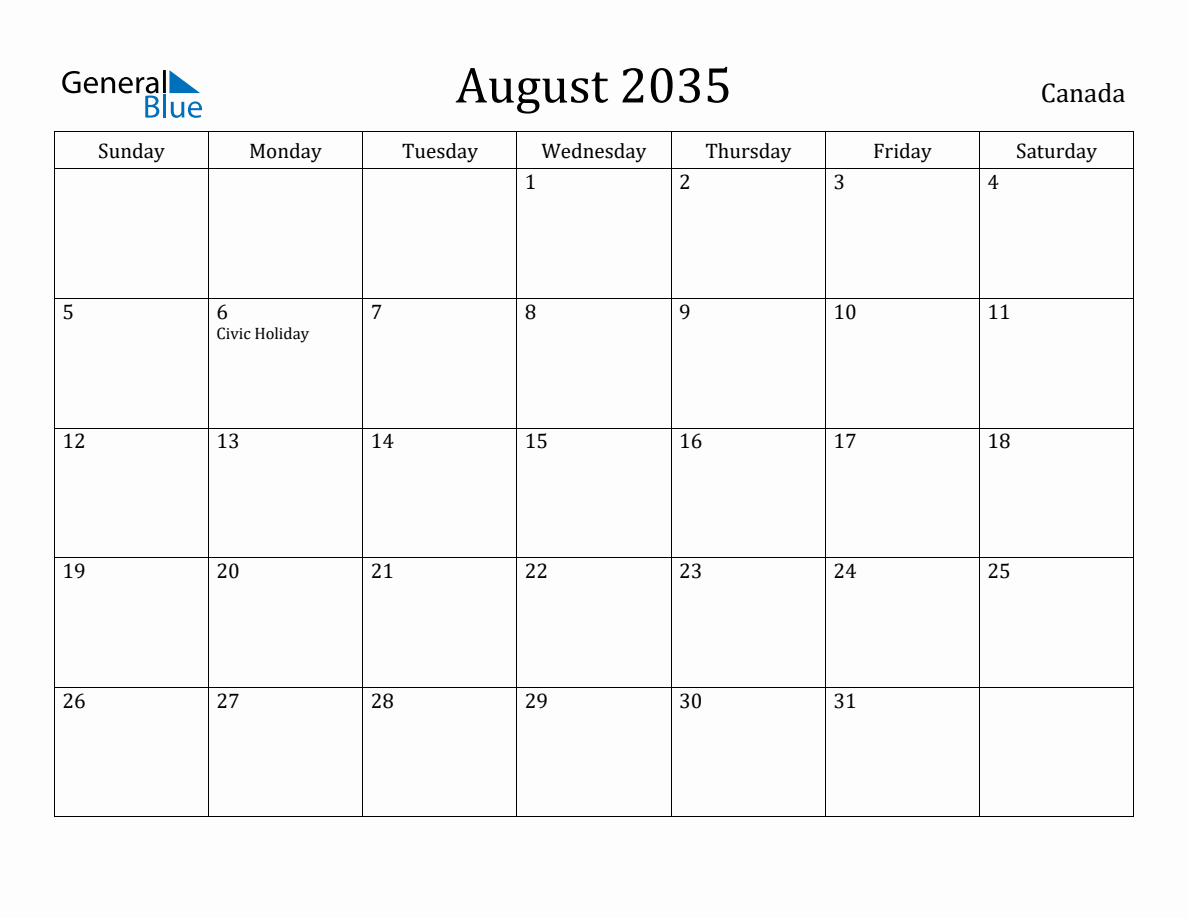 August 2035 Monthly Calendar with Canada Holidays