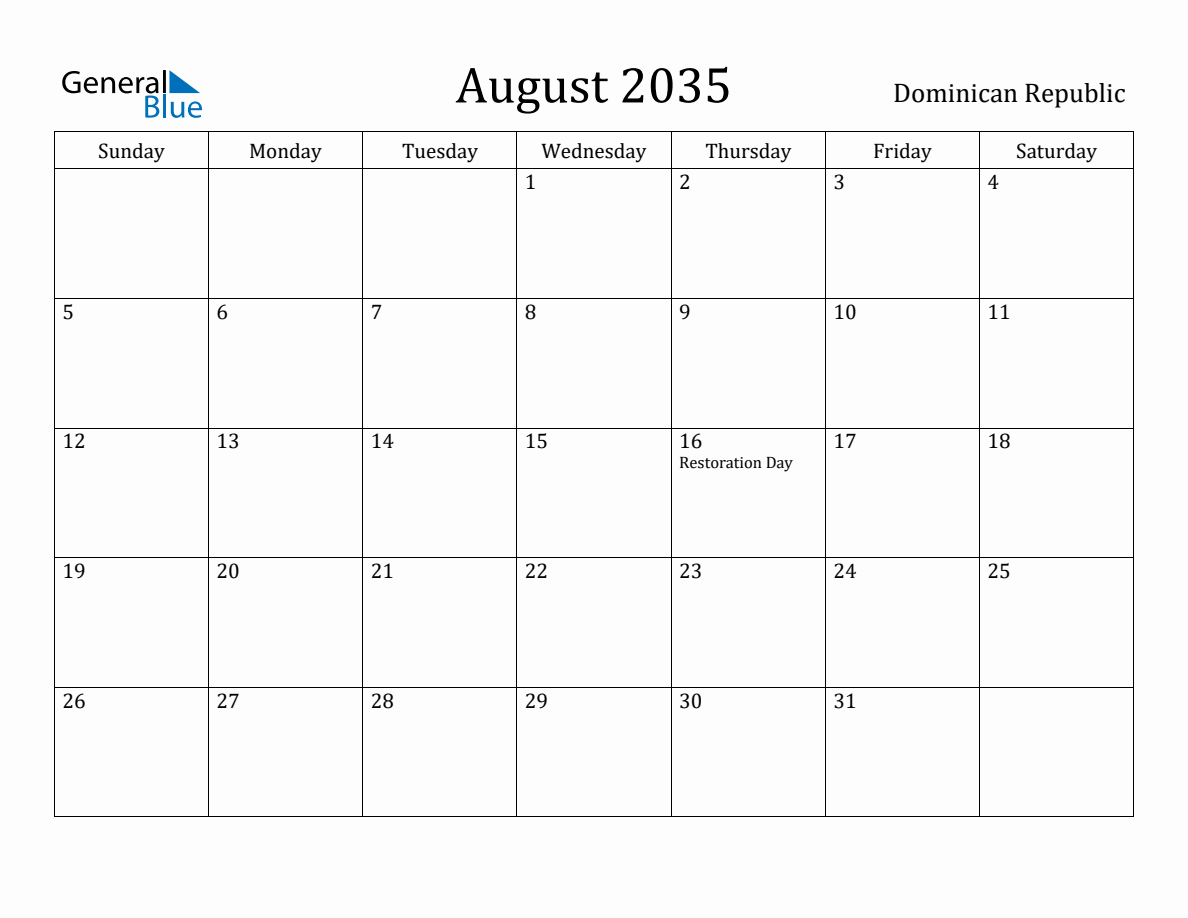 August 2035 Monthly Calendar with Dominican Republic Holidays
