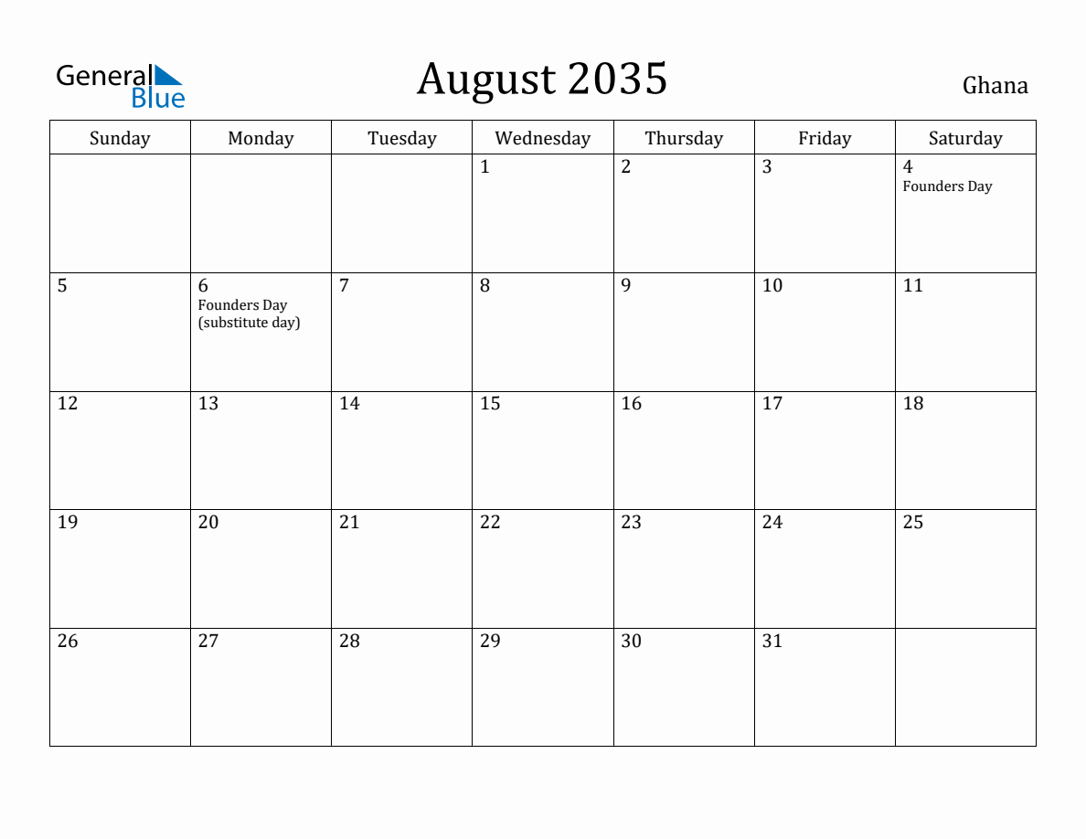August 2035 Monthly Calendar with Ghana Holidays