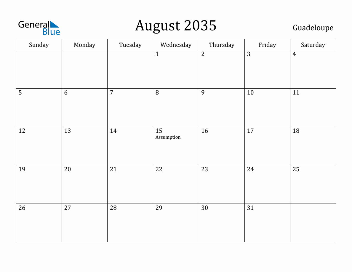 August 2035 Monthly Calendar with Guadeloupe Holidays