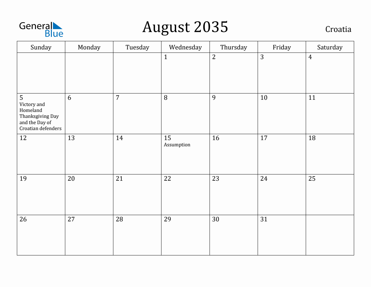 August 2035 Monthly Calendar with Croatia Holidays