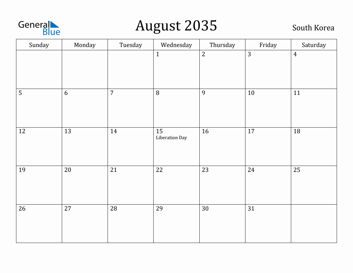 August 2035 Monthly Calendar with South Korea Holidays