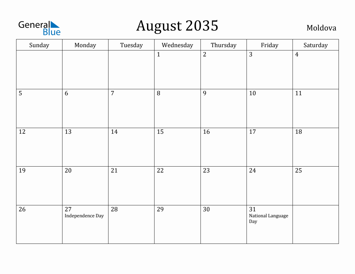August 2035 Monthly Calendar with Moldova Holidays
