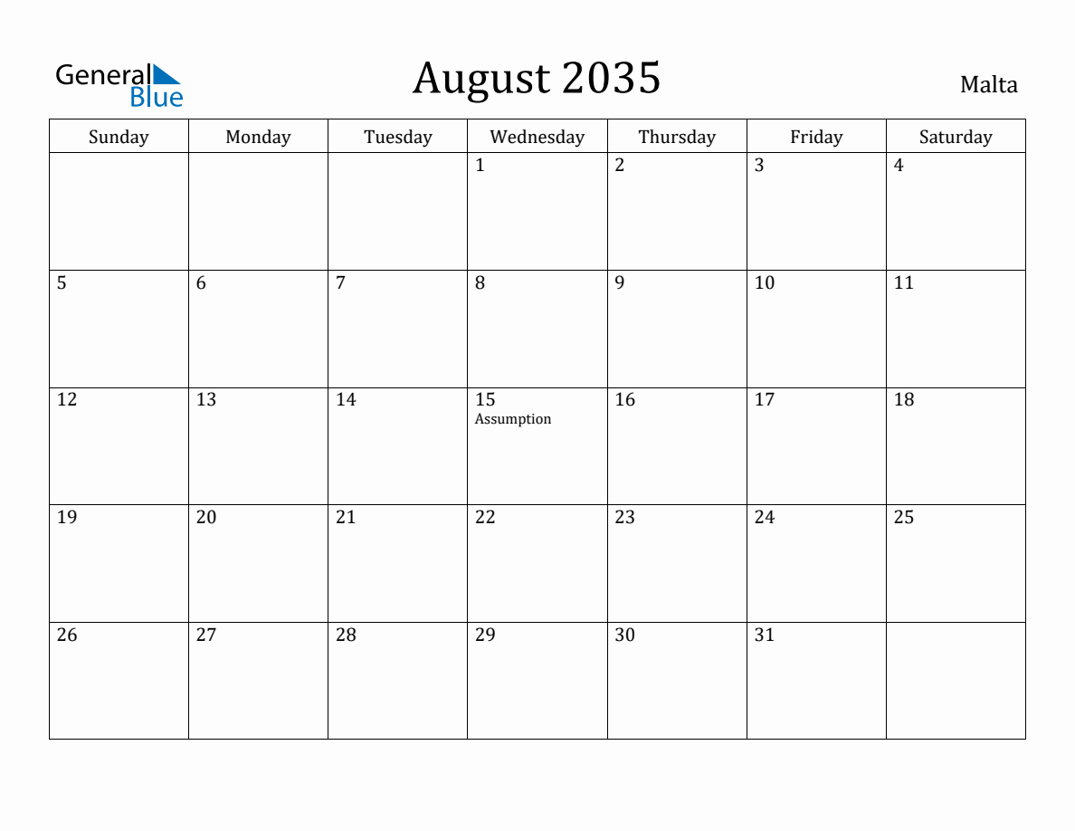 August 2035 Monthly Calendar with Malta Holidays
