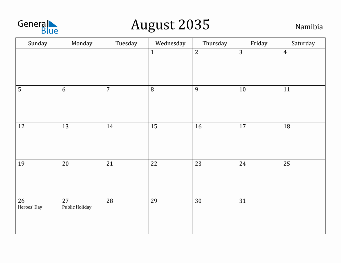 August 2035 Monthly Calendar with Namibia Holidays