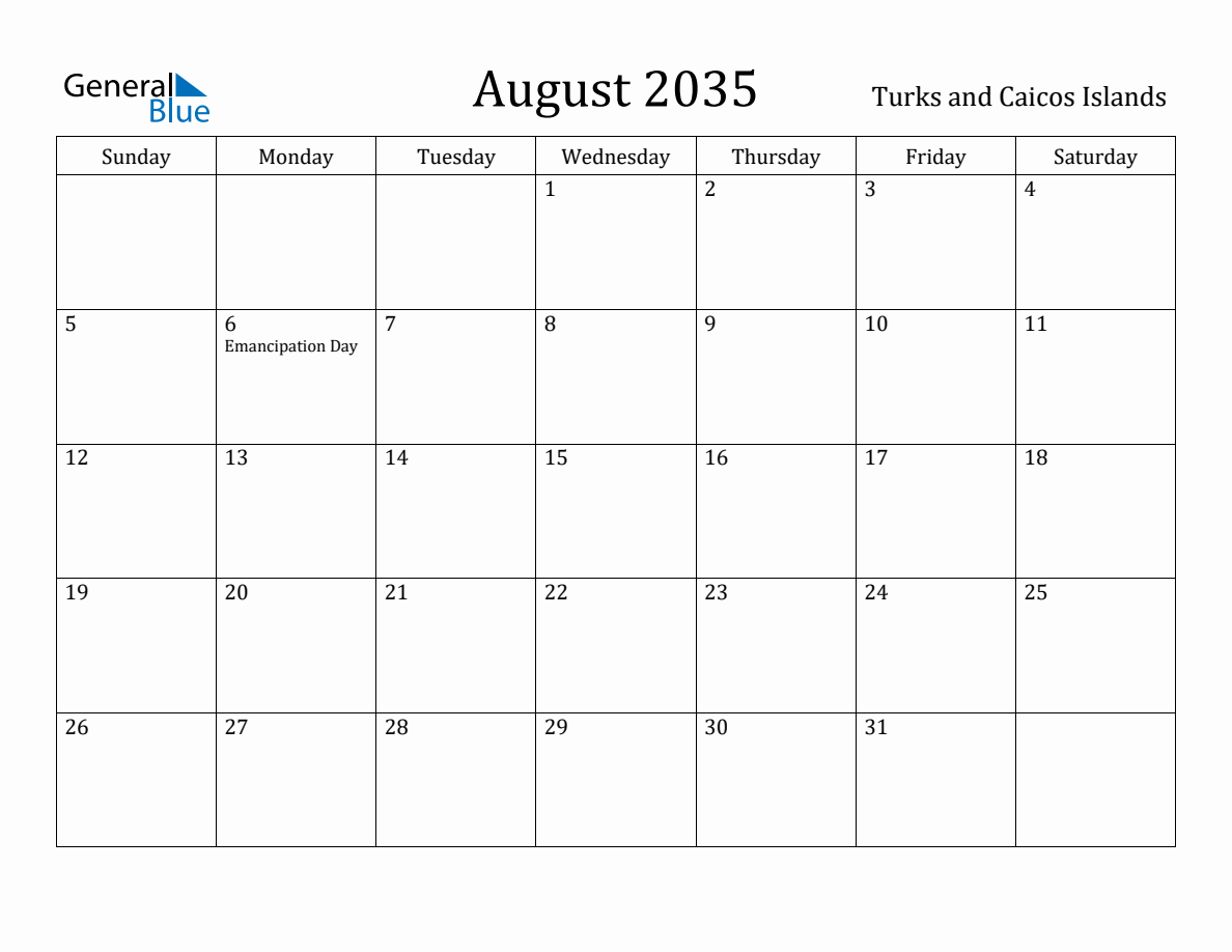 August 2035 Monthly Calendar with Turks and Caicos Islands Holidays