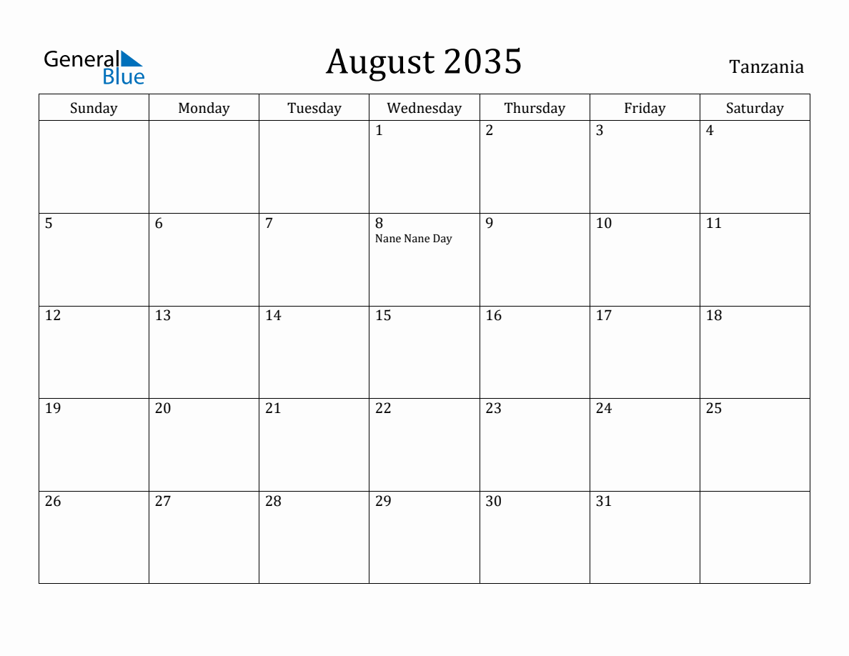 August 2035 Monthly Calendar with Tanzania Holidays