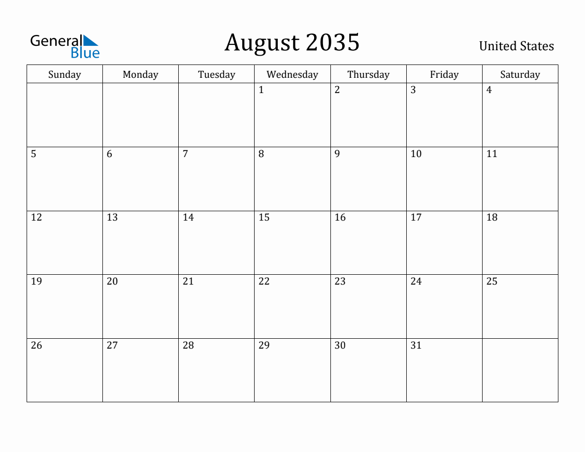 August 2035 Monthly Calendar with United States Holidays