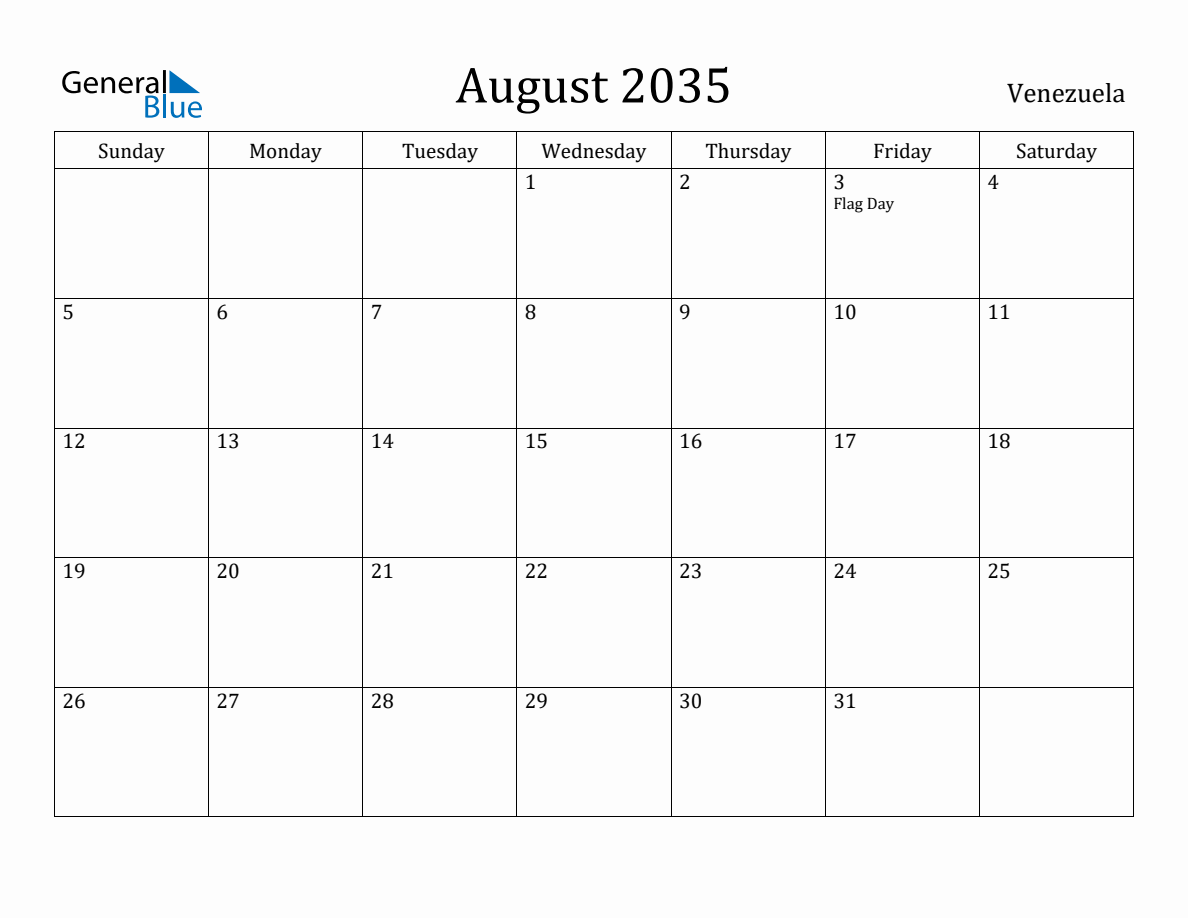 August 2035 Monthly Calendar with Venezuela Holidays