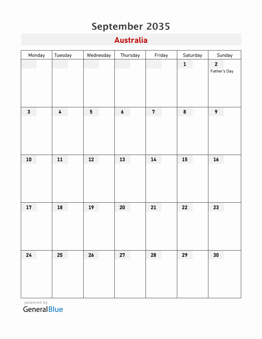 Australia September 2035 Calendar with Holidays (Monday Start)