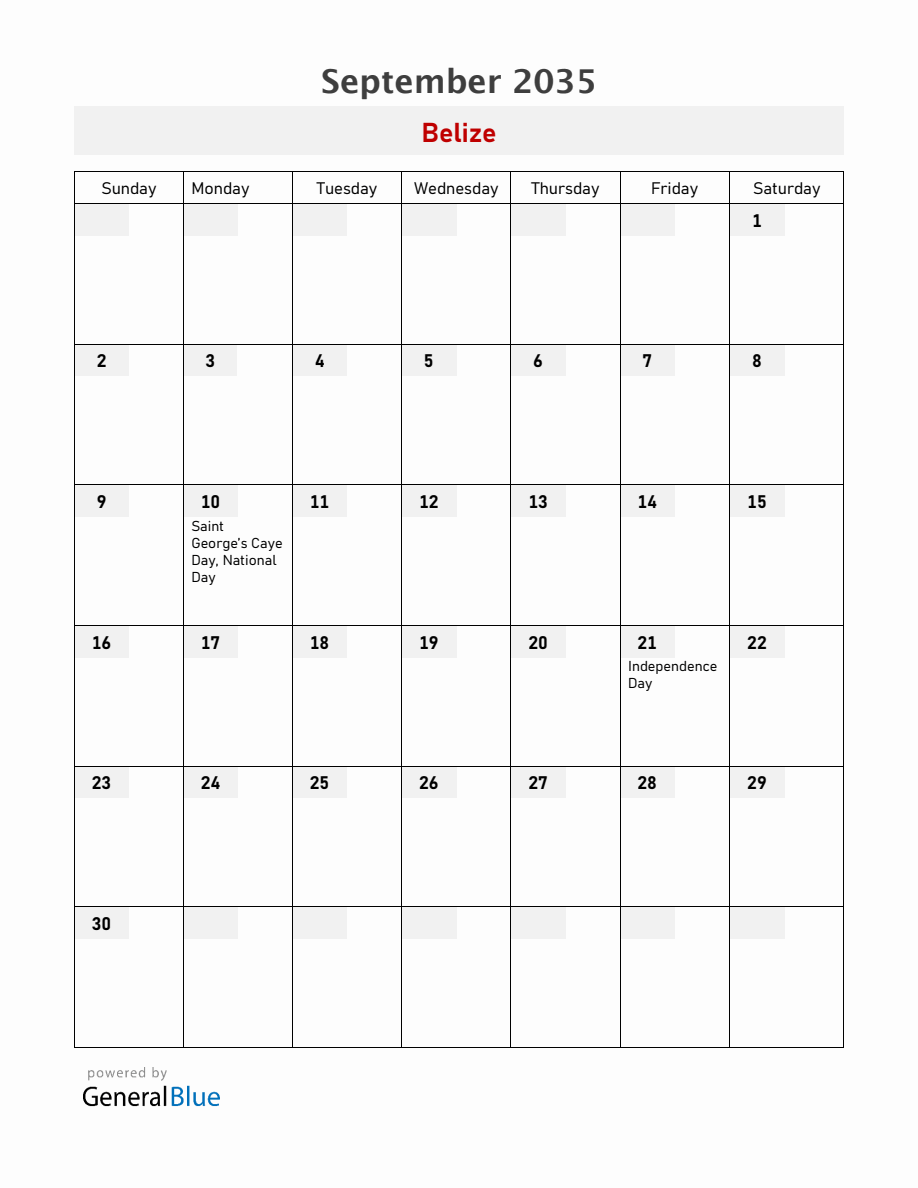 Belize September 2035 Calendar with Holidays