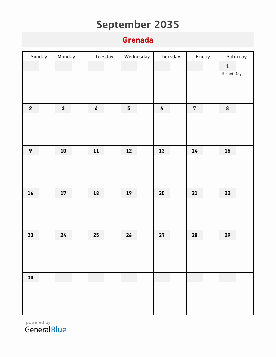 Grenada September 2035 Calendar with Holidays