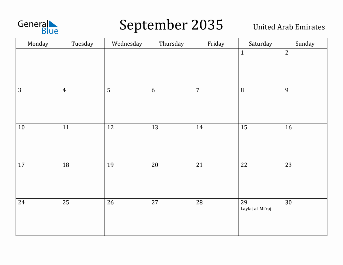 September 2035 - United Arab Emirates Monthly Calendar with Holidays